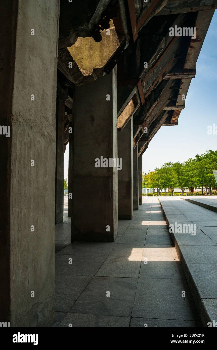 Preserved 1950s bridge for loading coal trucks surround by the ...