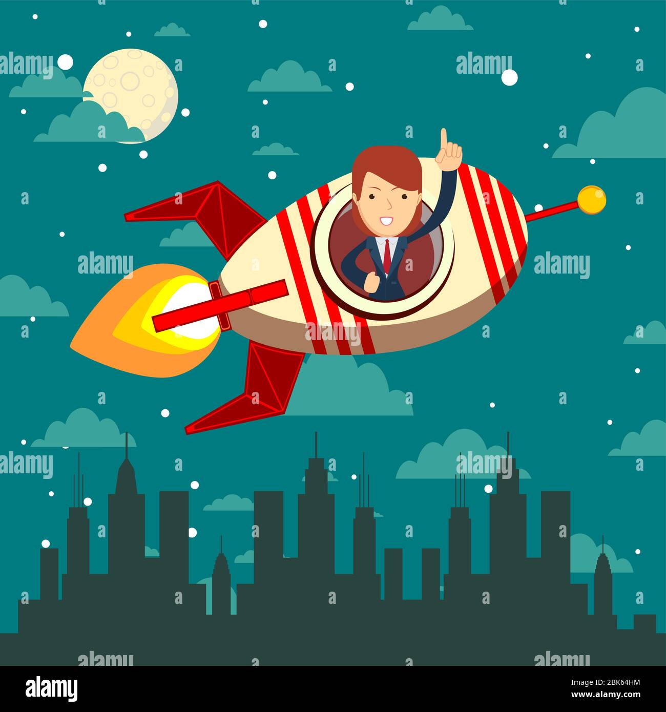 Happy businesswoman in a rocket ship launching to starry sky. Start up ...