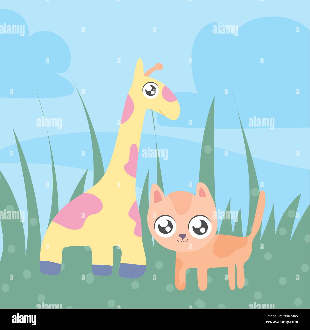 giraffe and cat, animals in kawaii style vector illustration design ...