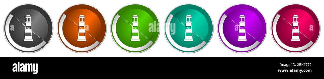 Lighthouse icon set, navigation, sea silver metallic chrome border ...