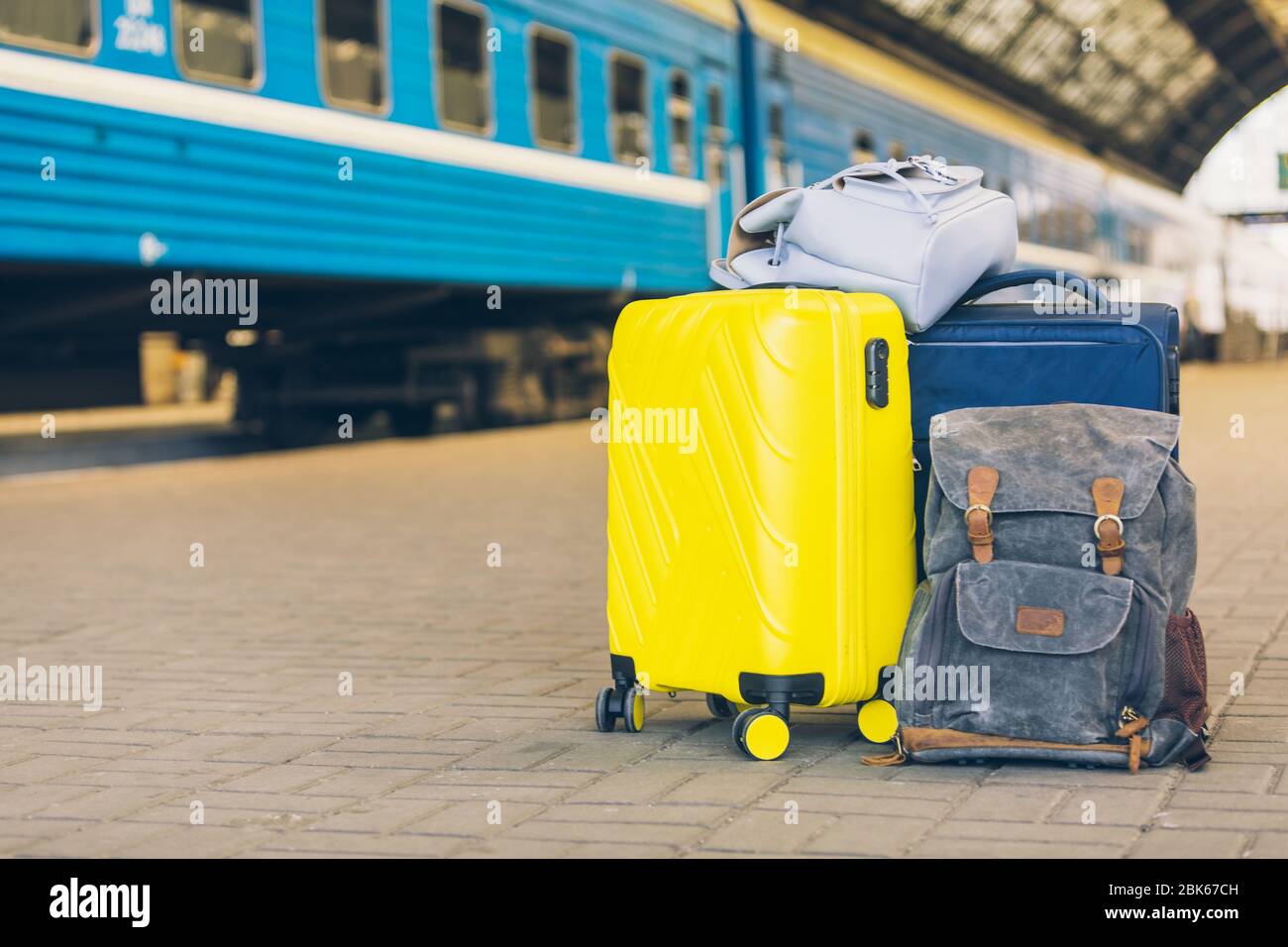 view of bags and suitcases at railway station platform Stock Photo - Alamy