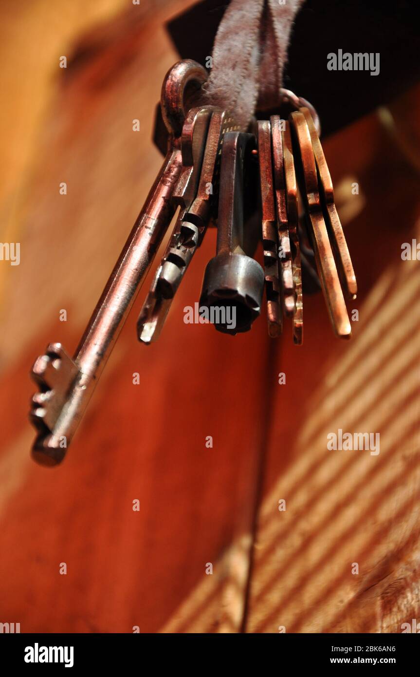 Bunch of keys in hanging on dirty ribbon with wooden background ...