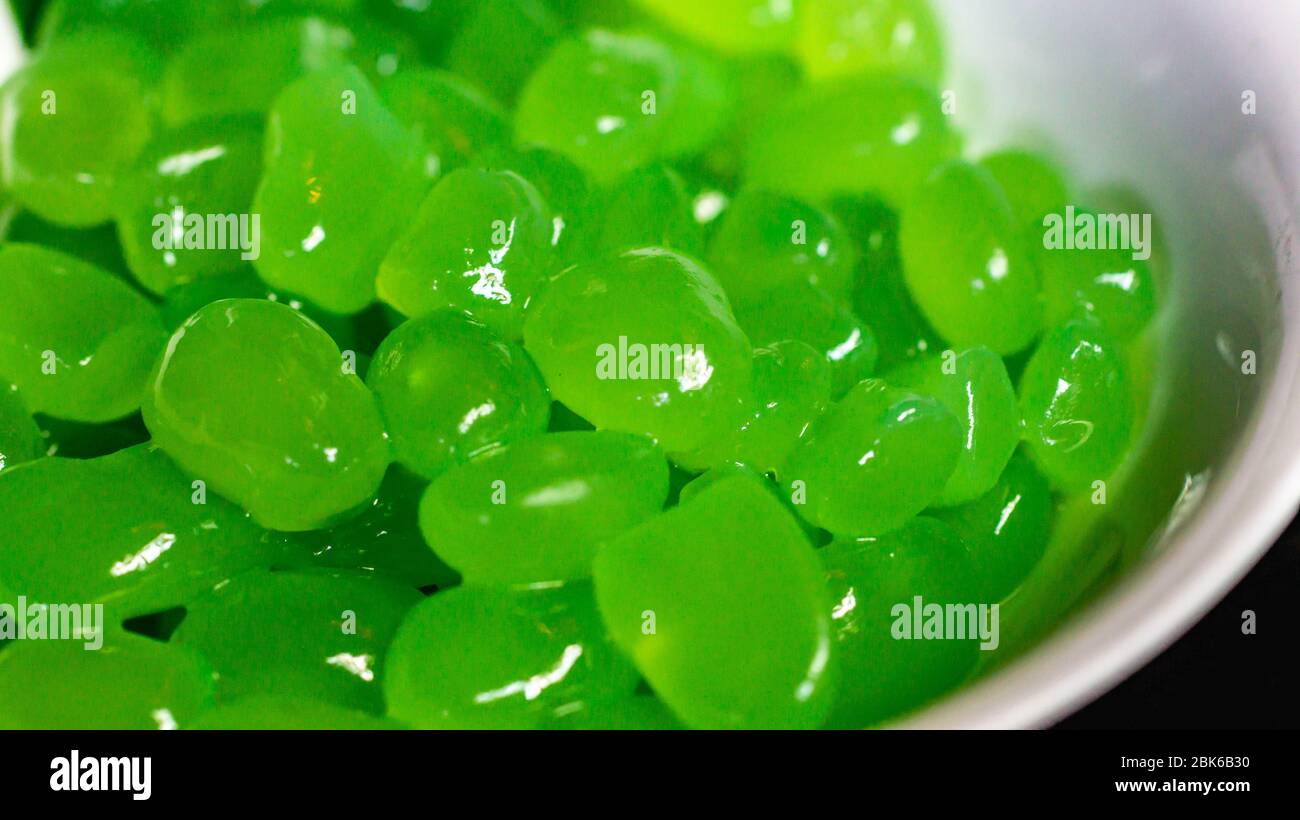 Closeup of Kolang kaling (sugar palm fruit) preserved with melon syrup ...