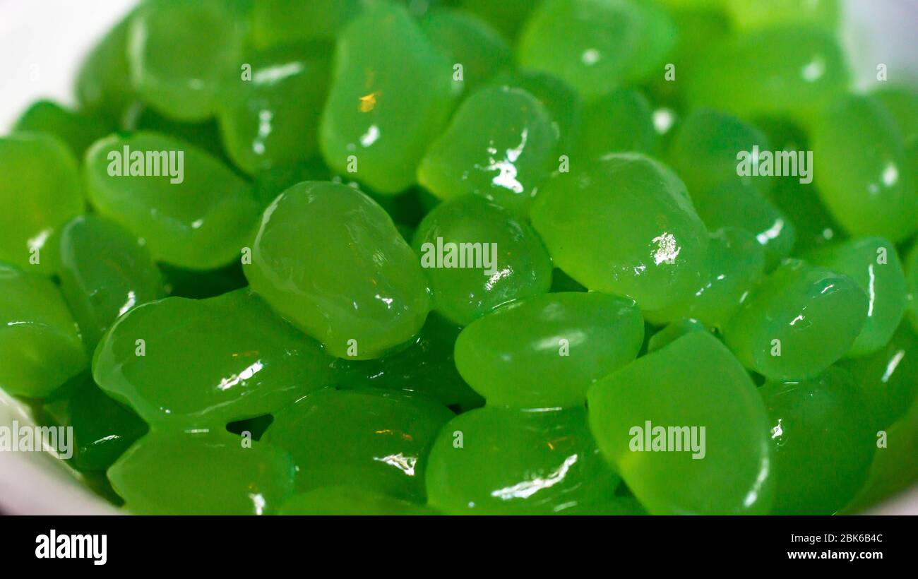 Closeup of Kolang kaling (sugar palm fruit) preserved with melon syrup ...