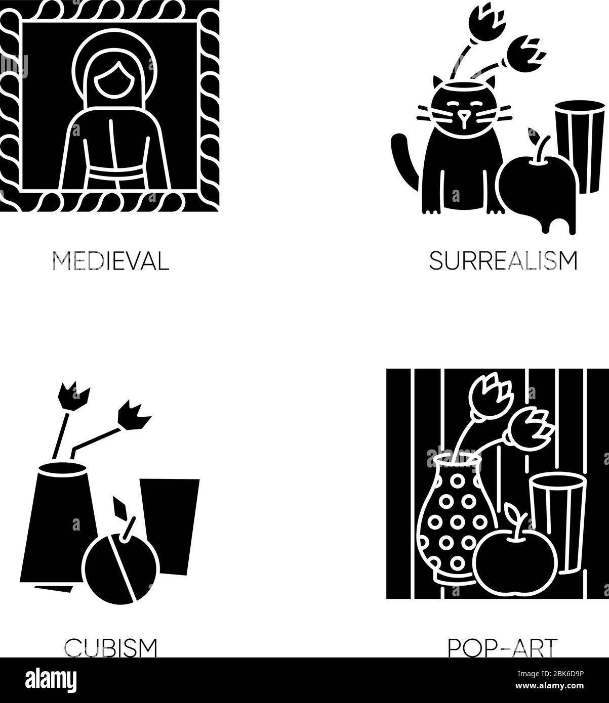 Art movements black glyph icons set on white space Stock Vector Image ...