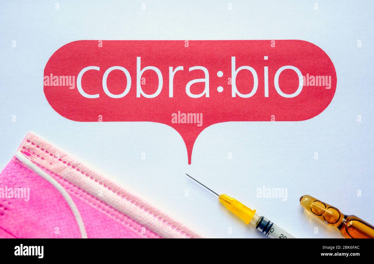 Stone / United Kingdom - May 1 2020: Cobra : bio company logo printed as brochure with surgical ...