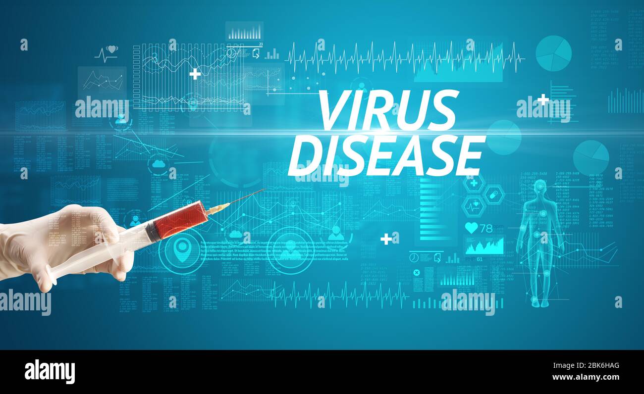 Syringe needle with virus vaccine and VIRUS DISEASE inscription, antidote concept Stock Photo ...