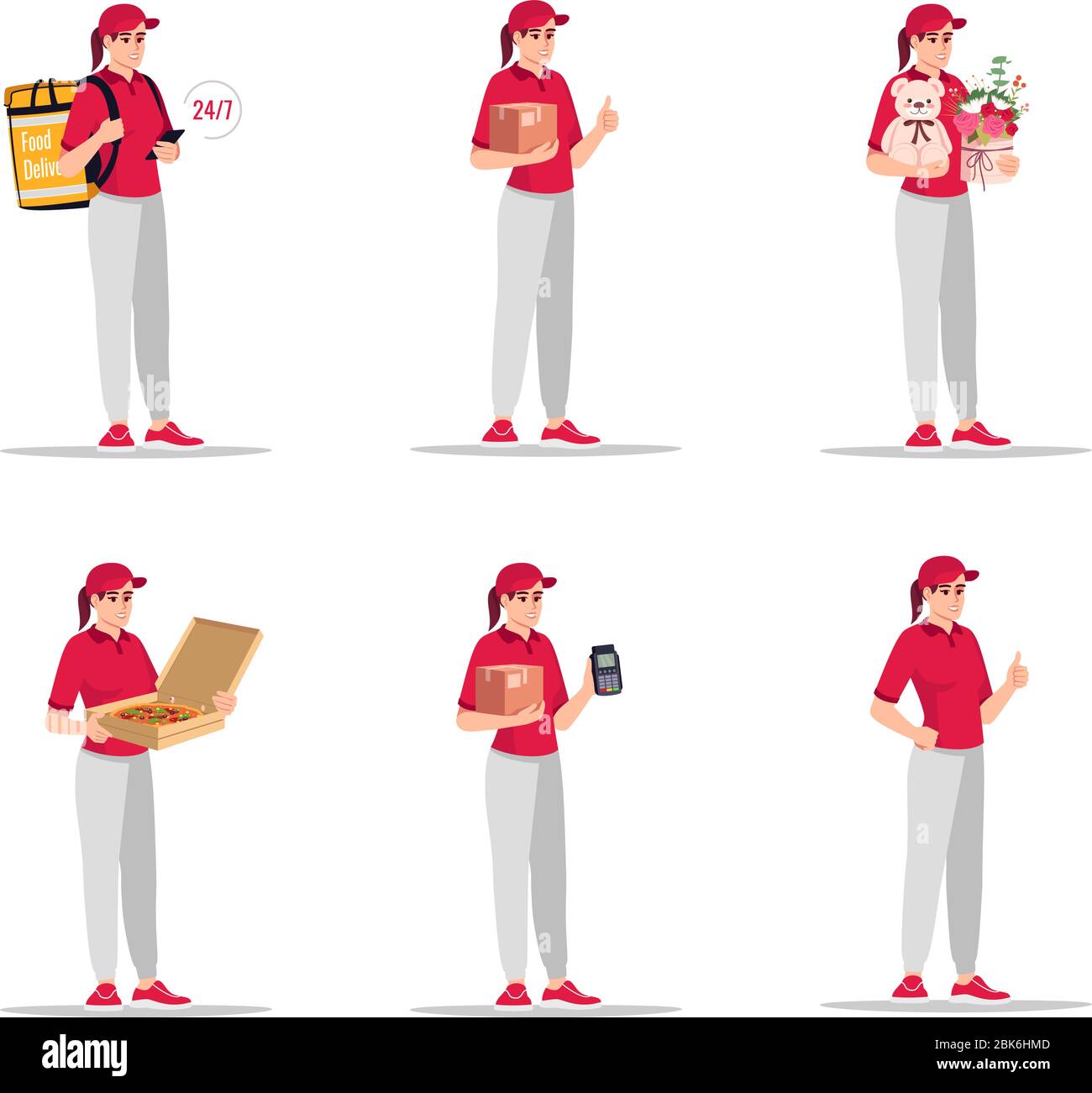White female courier in red uniform flat vector illustrations set Stock ...