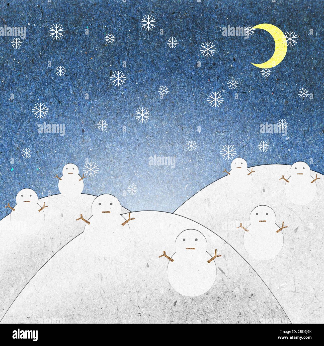 Snow field night with snowman recycle paper craft for background Stock ...