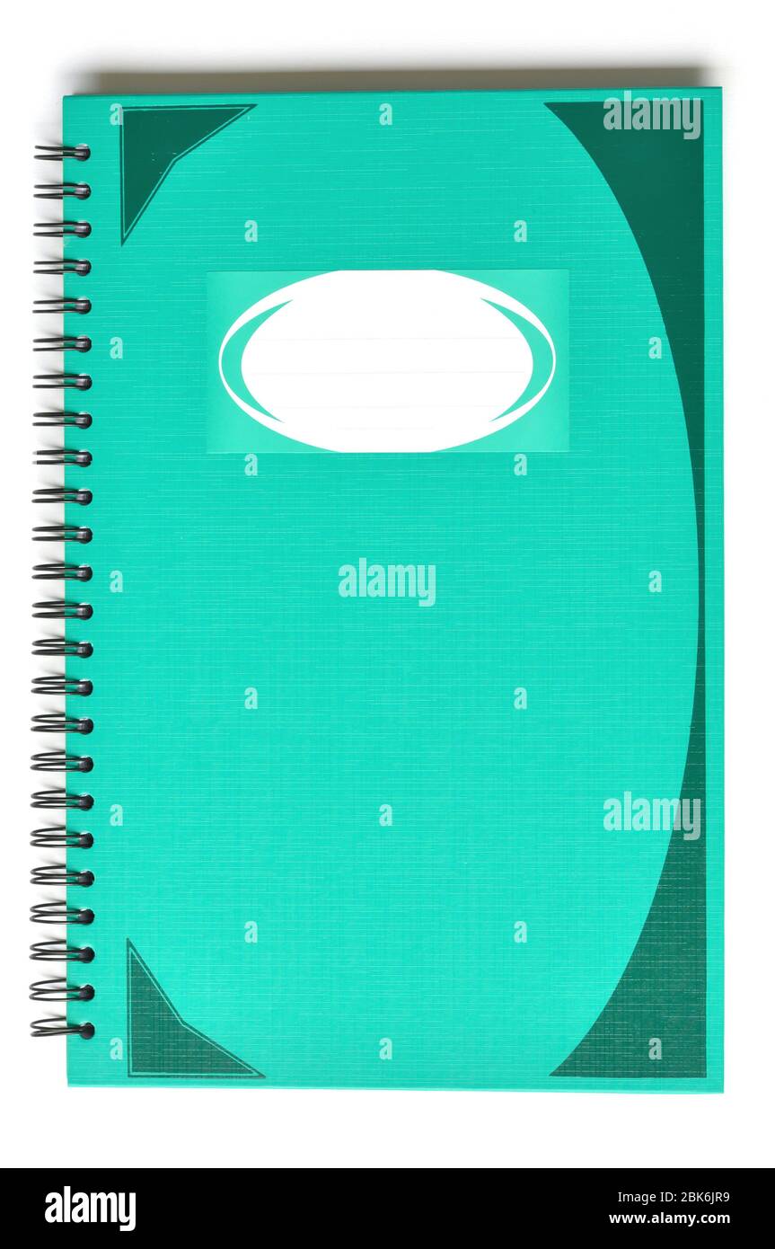 Green rectangular notebook with name lable on cover Stock Photo - Alamy