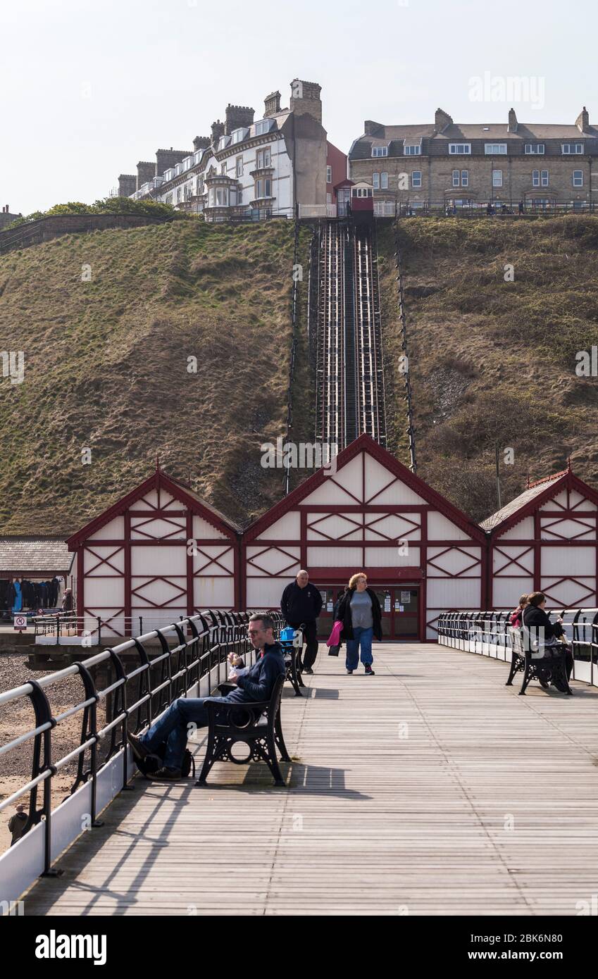 A view from the pier to the cliff lift at Saltburn by the Sea,England ...