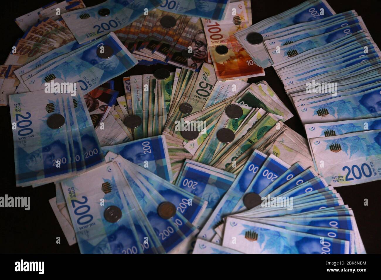 April 25, 2020: Gaza, Palestine. Israeli new shekel banknotes in ...