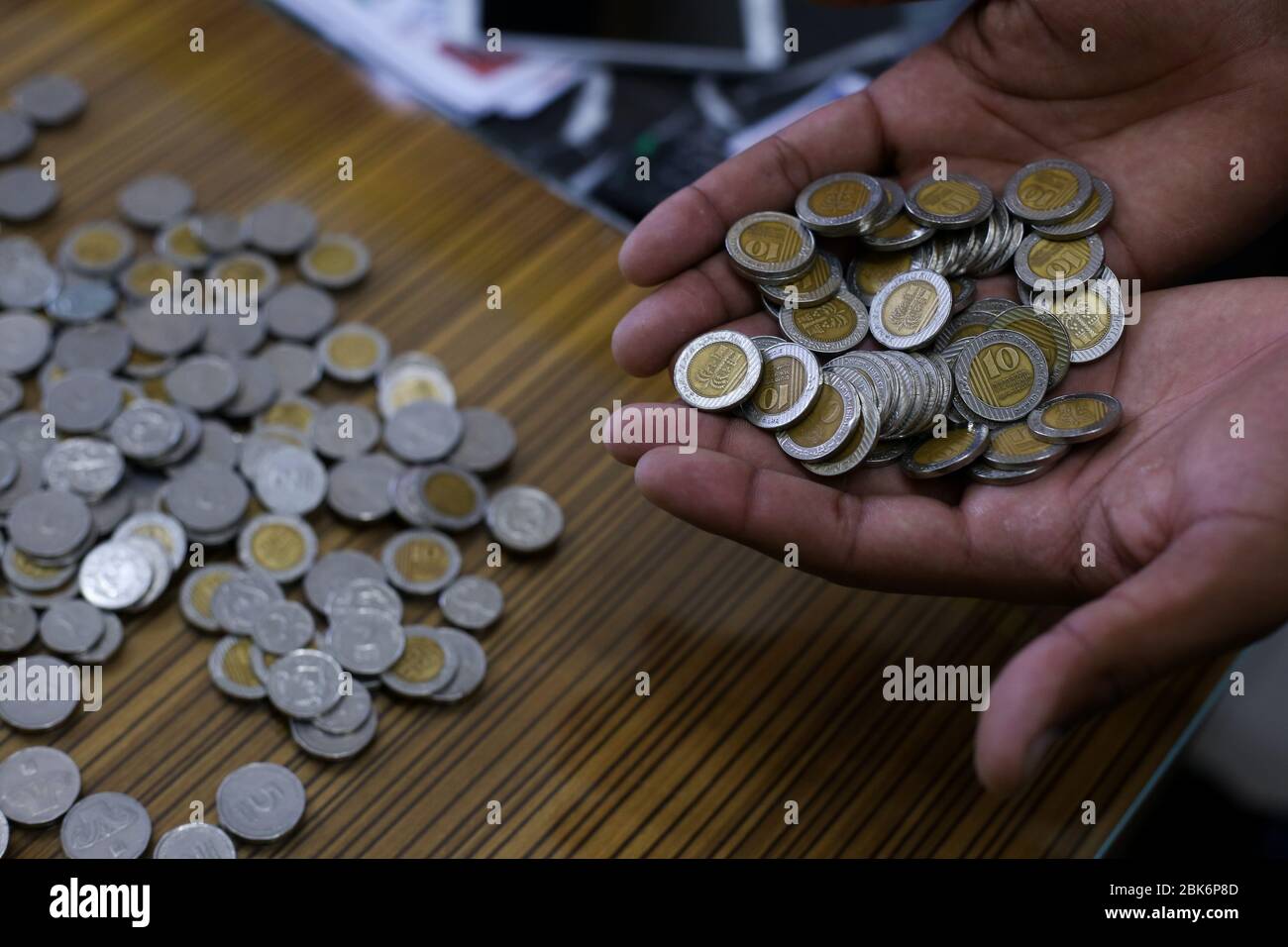 April 25, 2020: Gaza, Palestine. Different Israeli agorot coins in the ...