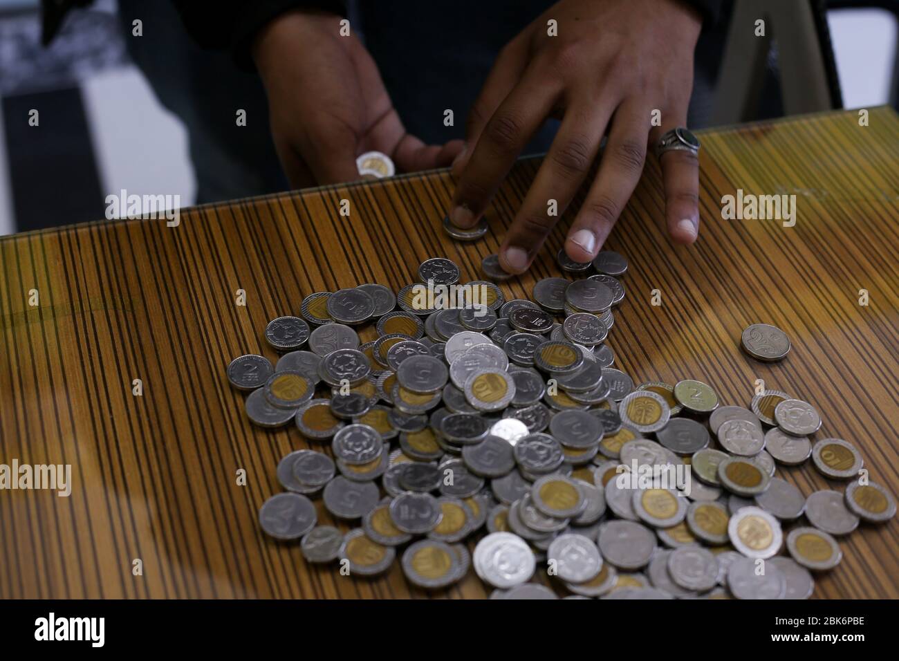 April 25, 2020: Gaza, Palestine. Different Israeli agorot coins in the ...