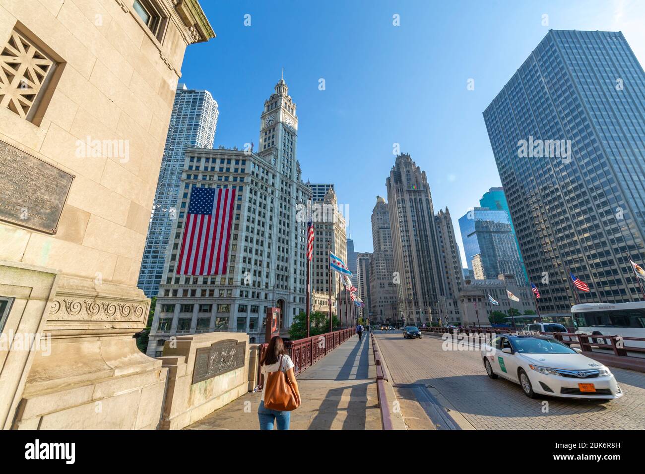 View of tall buildings and DuSable Bridge, Michigan Avenue, Chicago ...
