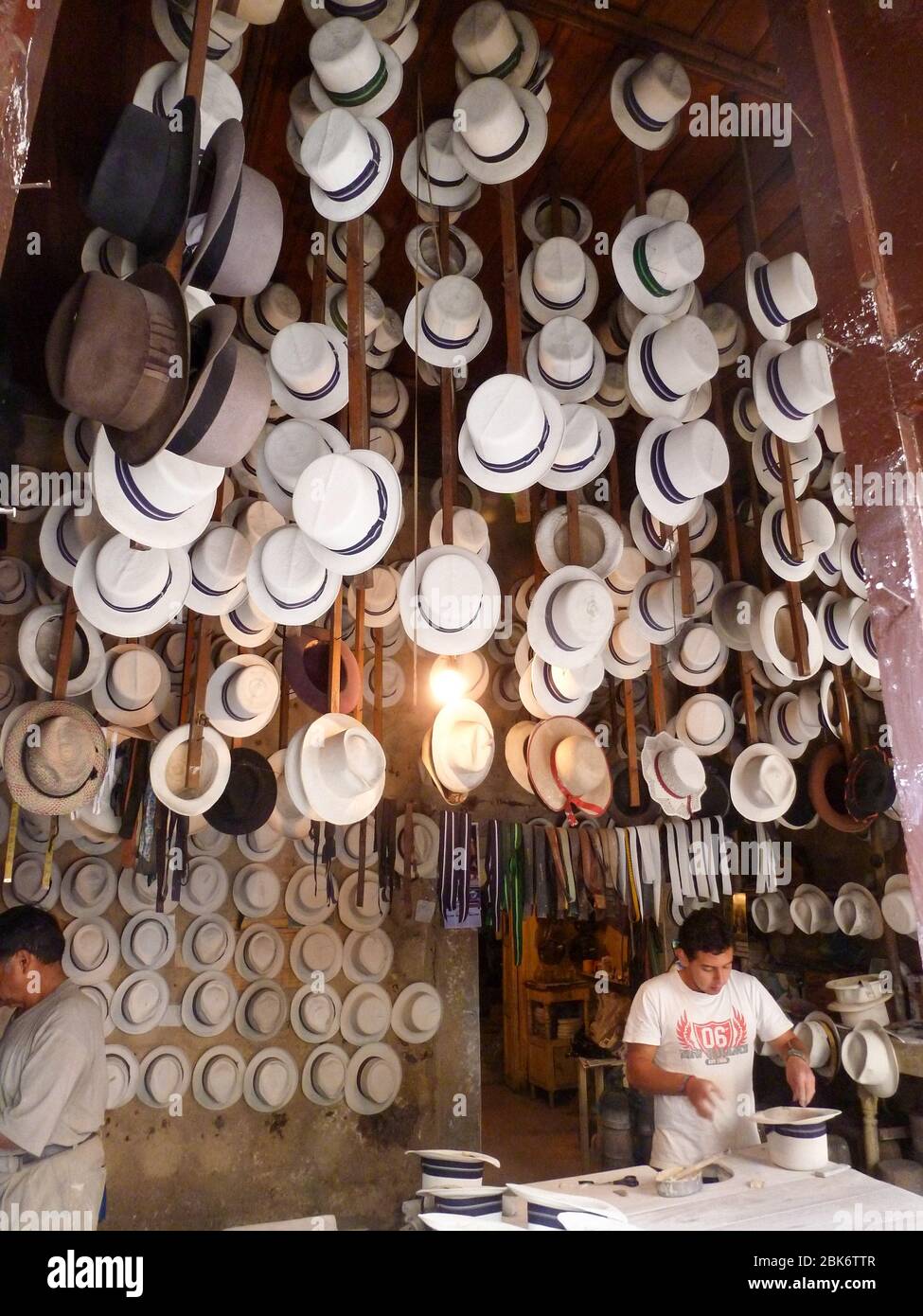 Traditional white and brown hats made in Cuenca, Ecuador Stock Photo ...