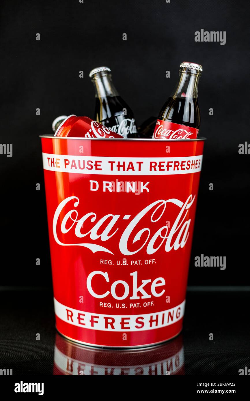 Atlanta, GA, USA April 1, 2020 red bucket with bottles and cans of Coca ...