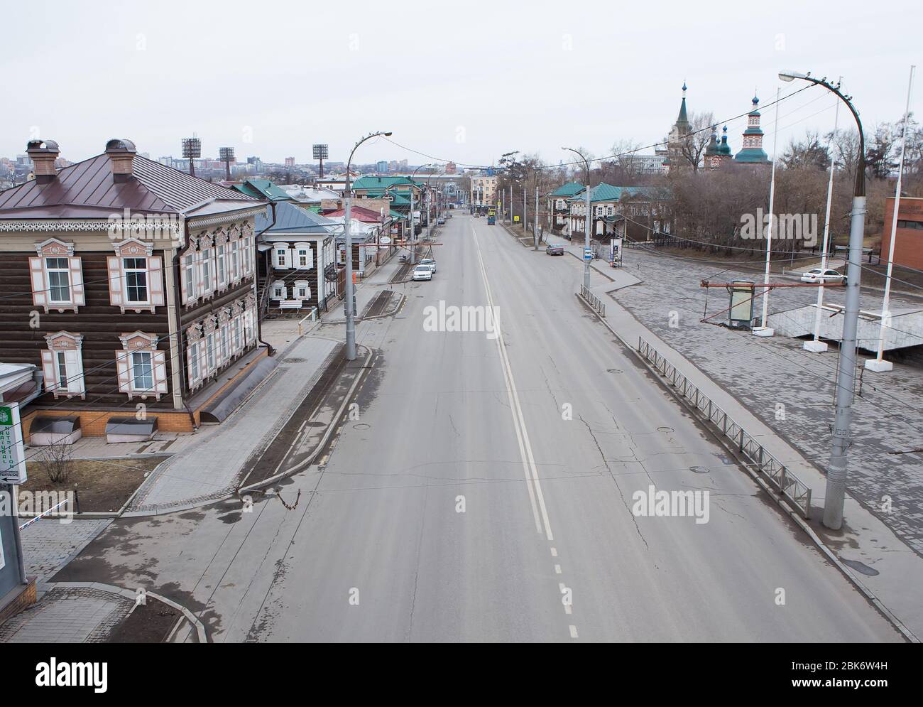 Irkutsk, Russia- April 2020: The empty road of Sedova street during ...