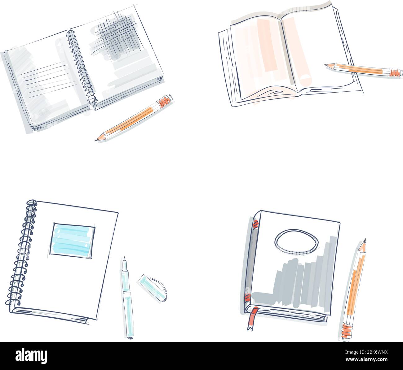 Set of notebooks with pensils in colored icons. Hand drawn graphic ...
