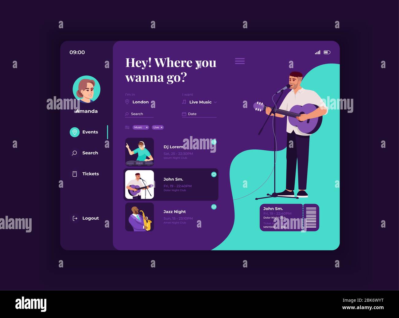 Entertainment event planner tablet interface vector template. Mobile ...