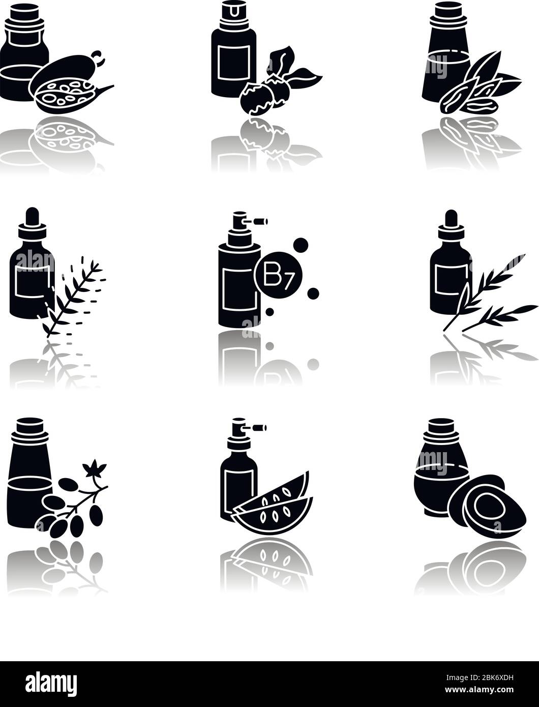 Hair oils drop shadow black glyph icons set. Coconut cosmetic mask in ...
