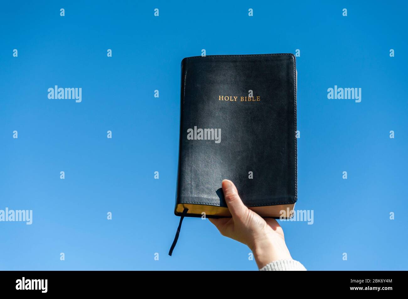 Raised hand holding the Holy Bible. Background with blue sky on a ...