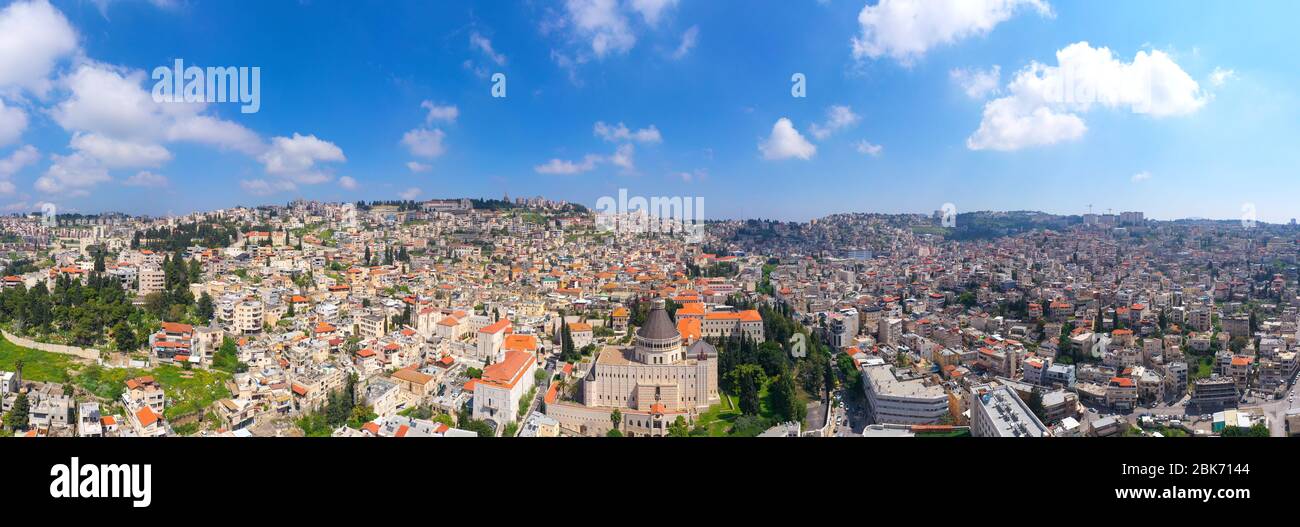 Aerial panorama of the Basilica of the Annunciation over the old city ...