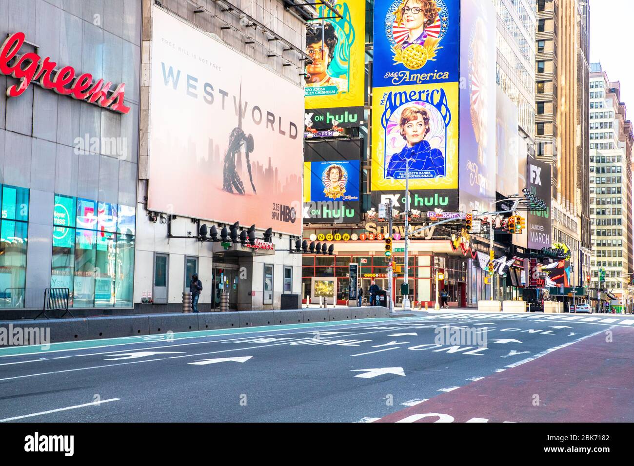 NEW YORK CITY - APRIL 19, 2020: View of empty street in Times Square ...