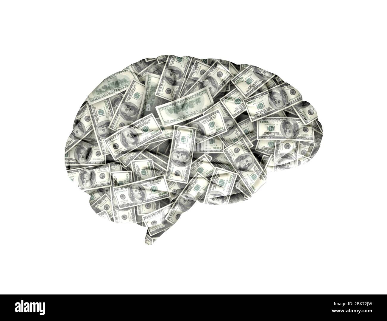 Money on the mind. Us dollars cash texture on human brain. 3D render ...