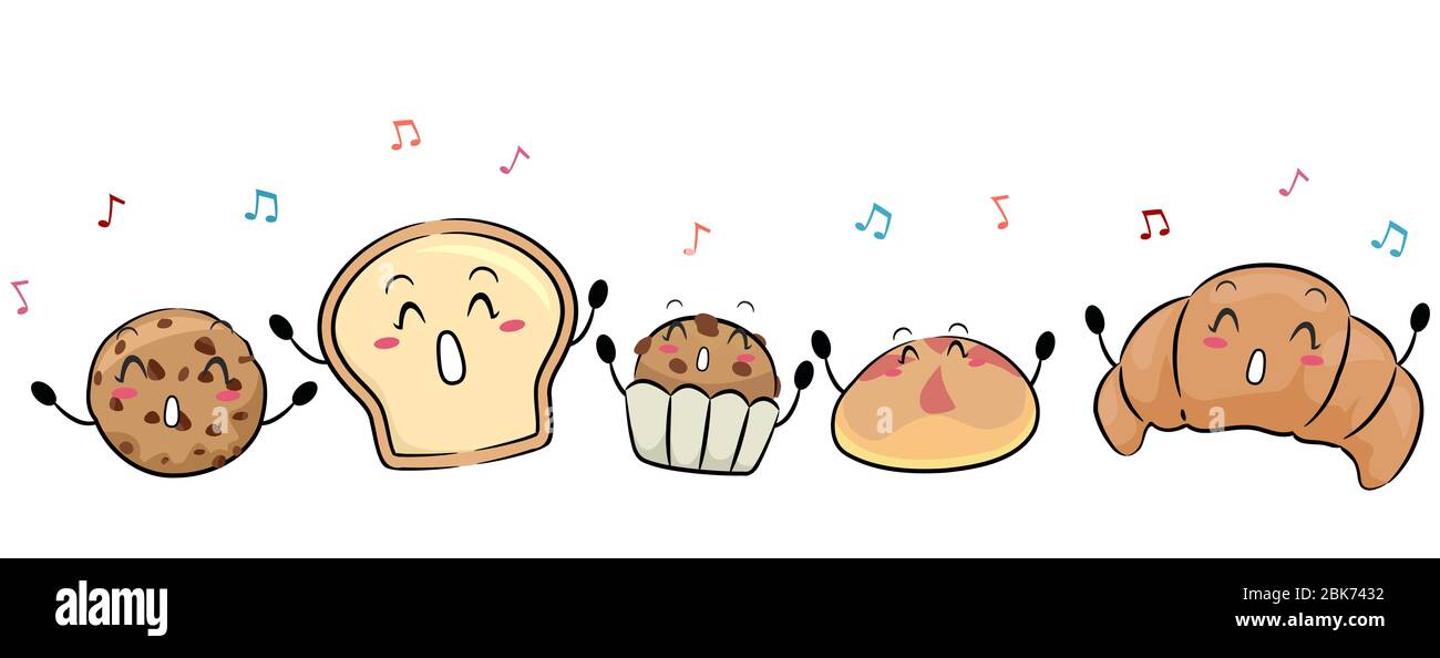 Illustration of Bread and Pastries Mascots Singing from Cookie, Sliced ...