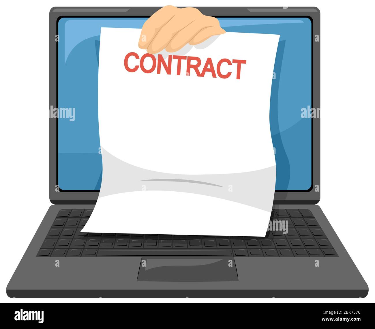 Illustration of a Hand Holding a Contract for Signing Through a Laptop ...