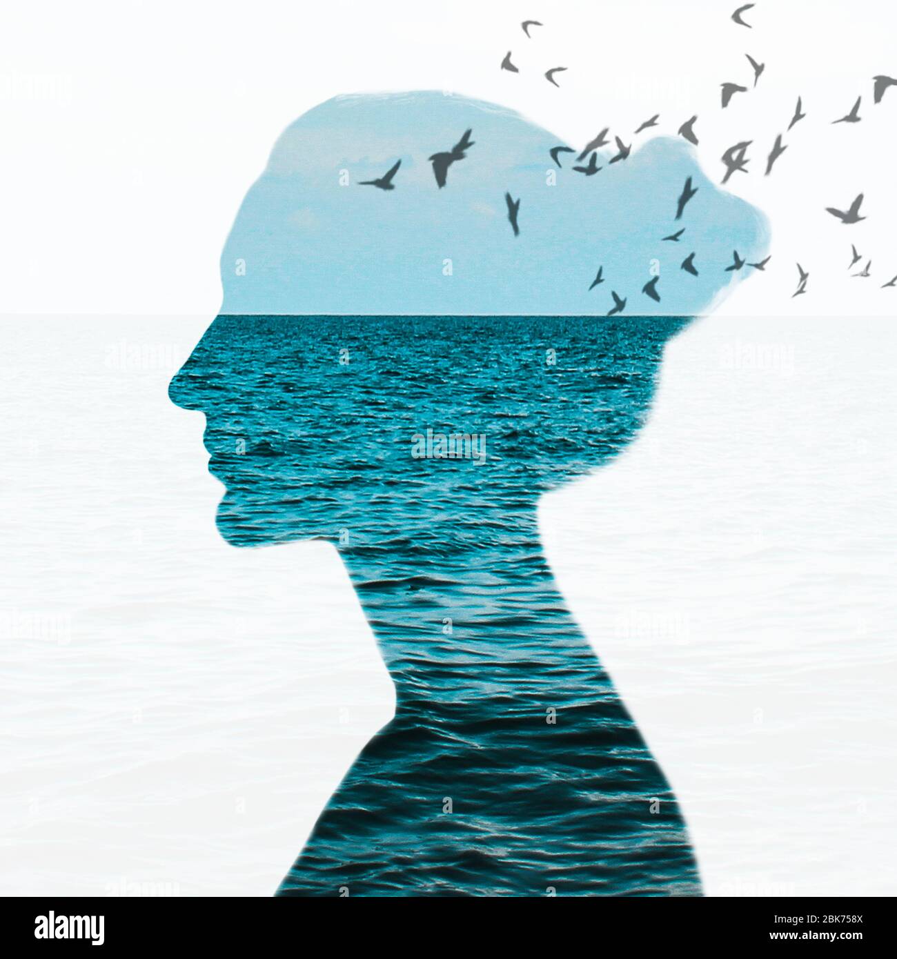 Woman portrait with double exposure and with the blue sea and flying ...