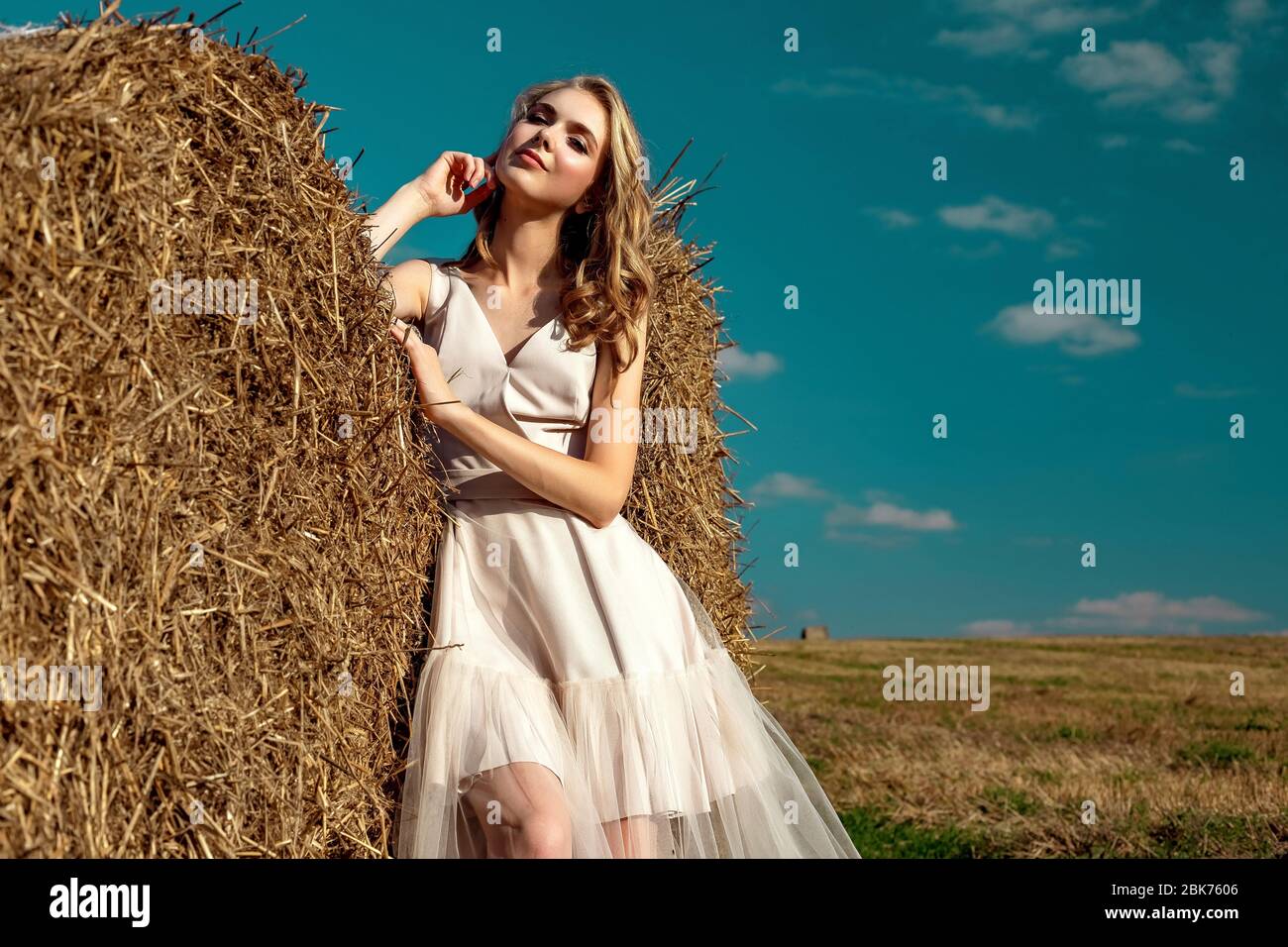 Portrait of a blonde young girl model who stands and poses on a sunny ...