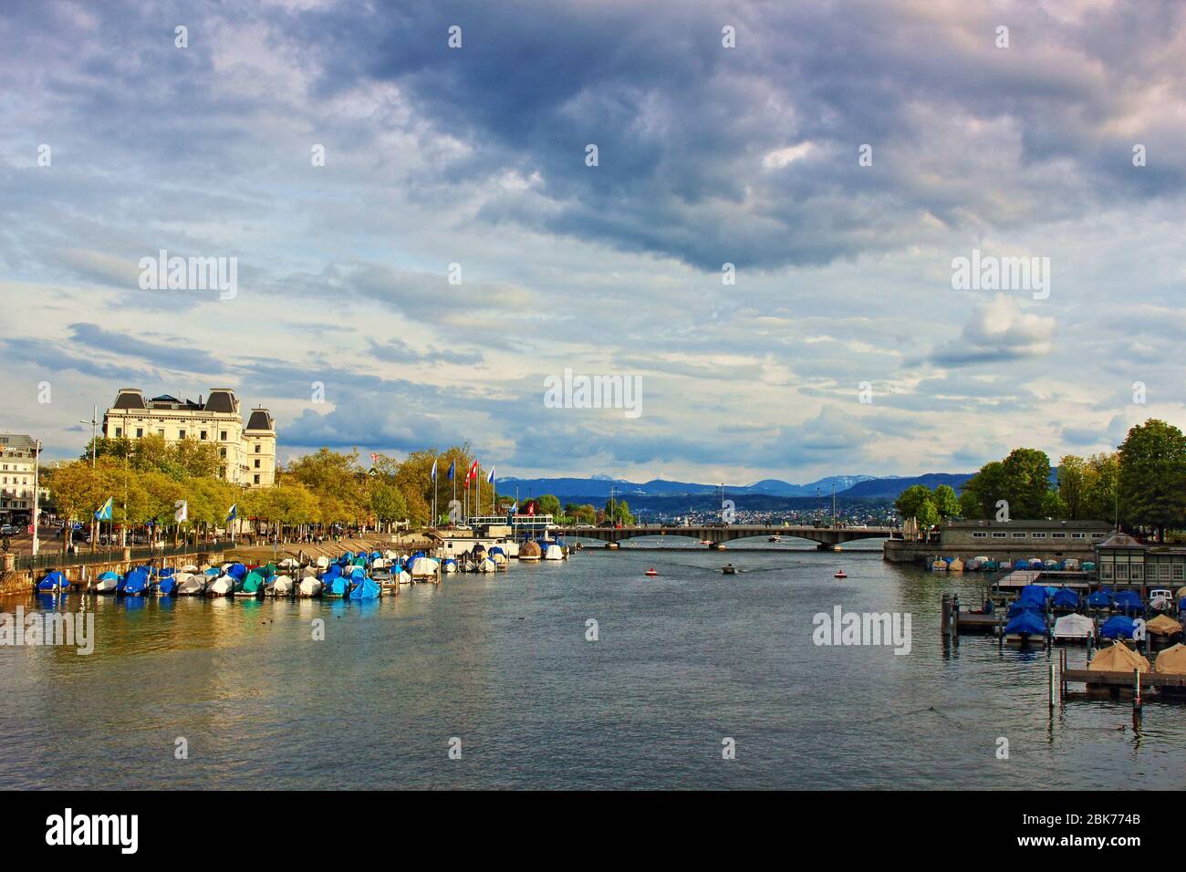 View of the Limmat river commencing at the outfall of Lake Zurich, in ...
