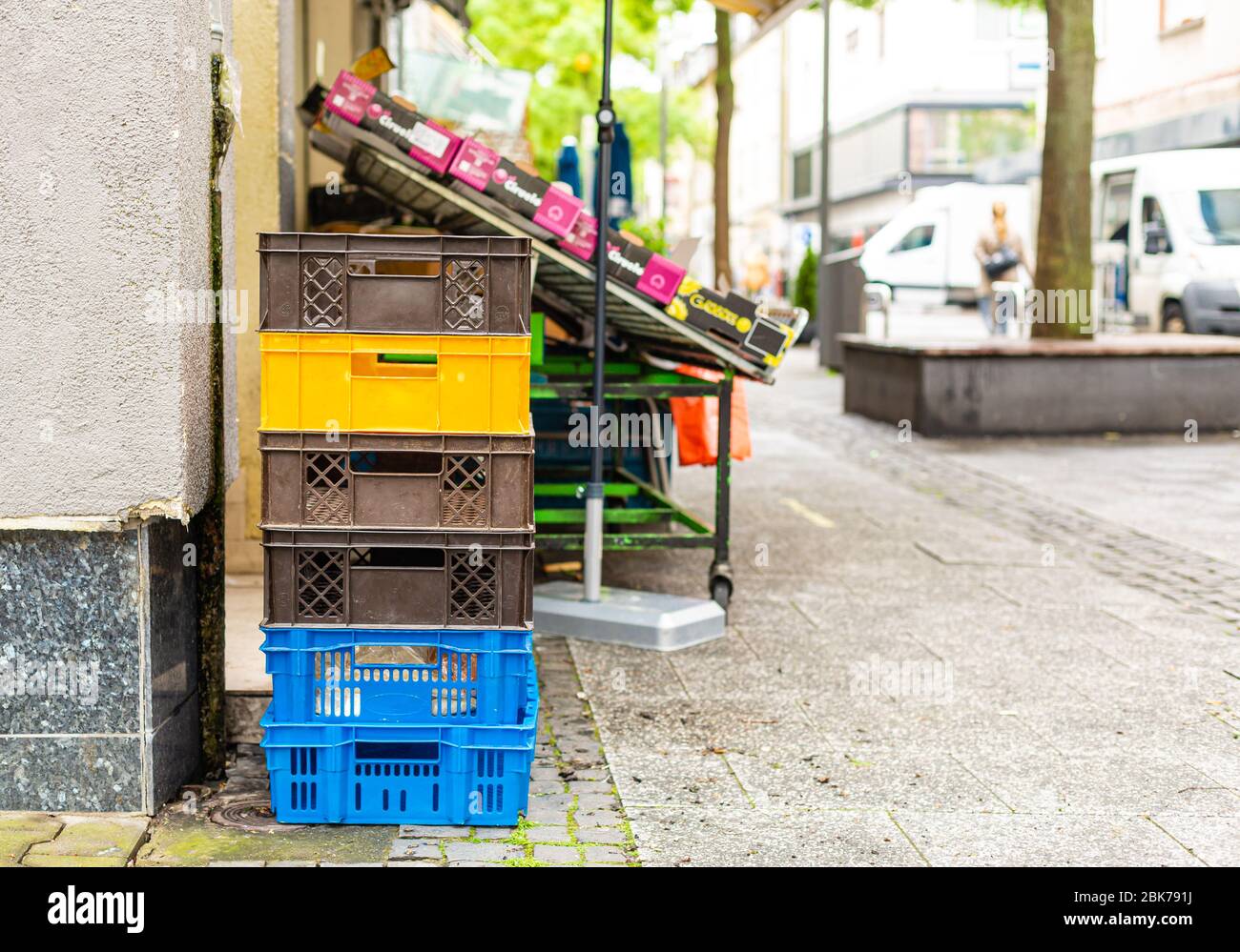 Colorful transport boxes. A small fruit and vegetable shop. Small ...