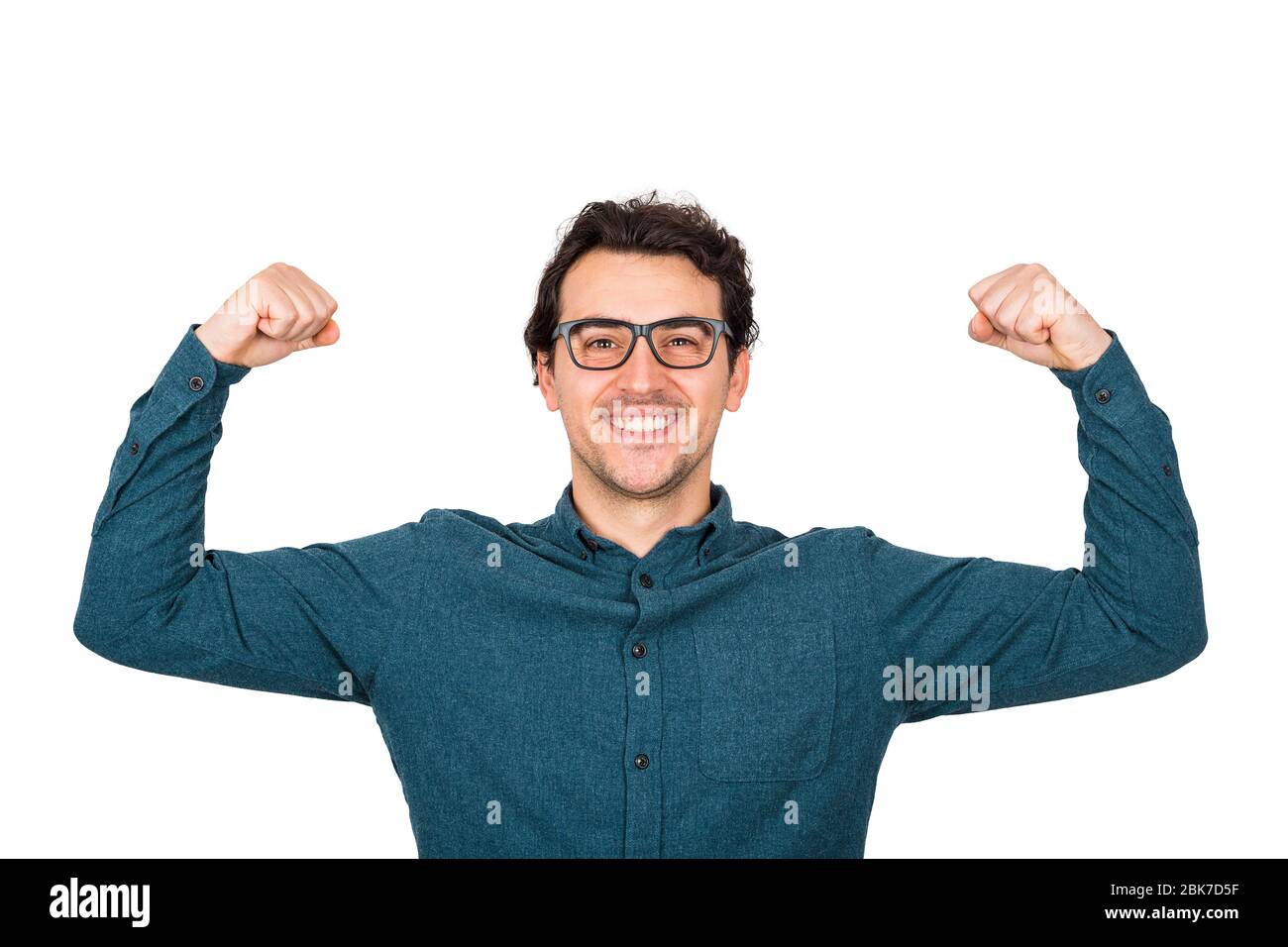 Confident businessman flexing muscles imagine superpower. Nerd guy ...
