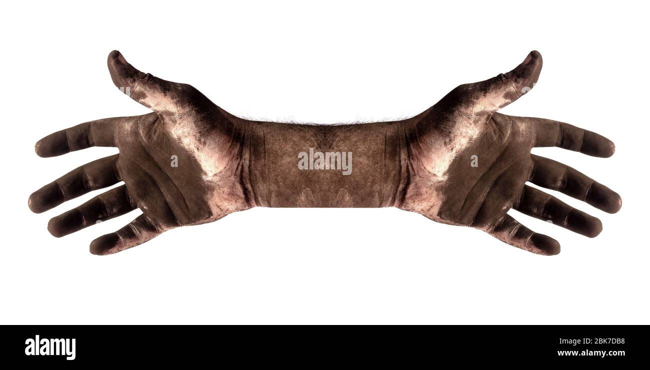 male chimney sweep's hand in black soot close up isolated on a white ...