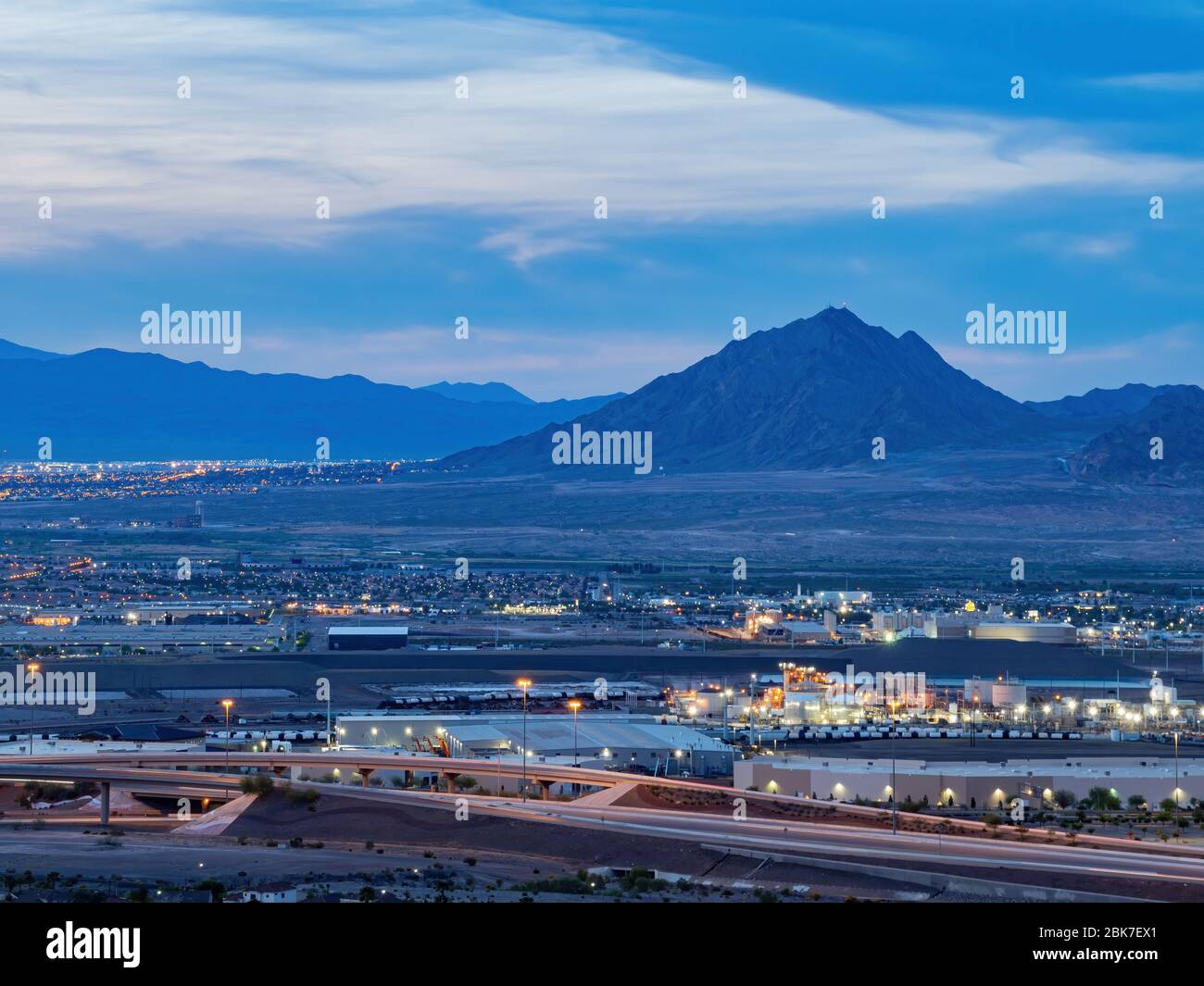 Dusk high angle view of the Frenchman Mountain and cityscape from ...