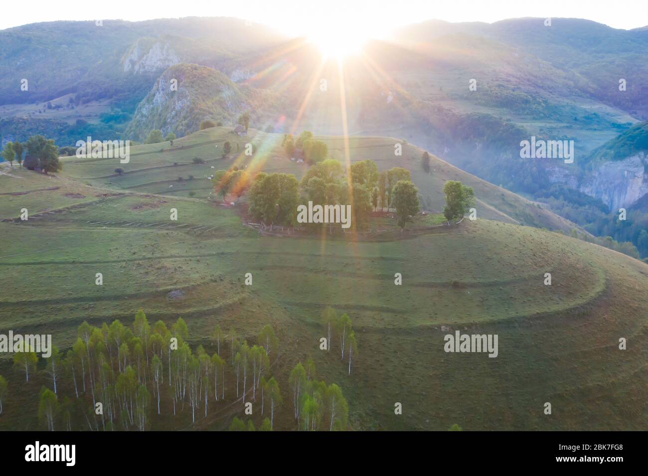 Aerial view of endless lush pastures of Transylvania. Beautiful ...