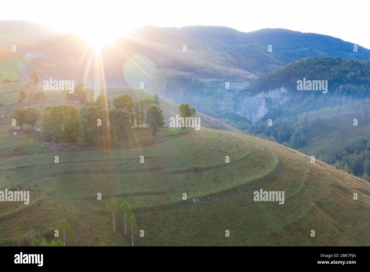Aerial view of endless lush pastures of Transylvania. Beautiful ...