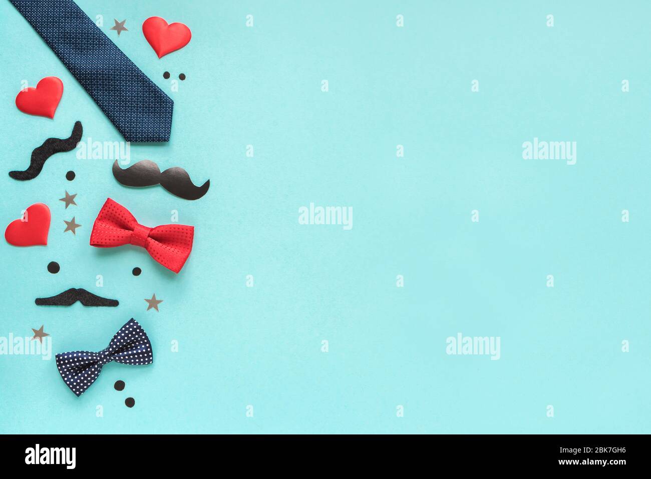 Happy Fathers Day flat lay on blue, banner. Ties, bowties, confetti and ...