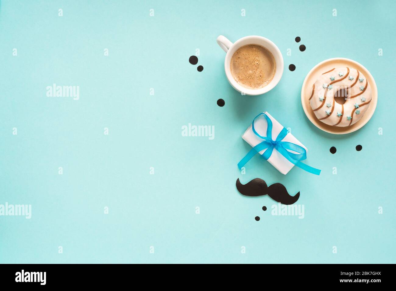 Coffee and donut for father or man. Happy Fathers Day creative flat lay ...