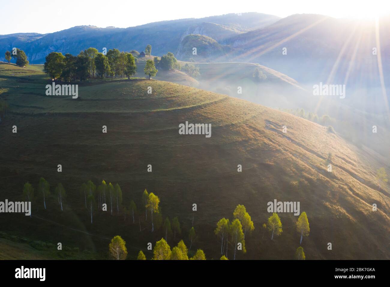 Aerial view of endless lush pastures of Transylvania. Beautiful ...