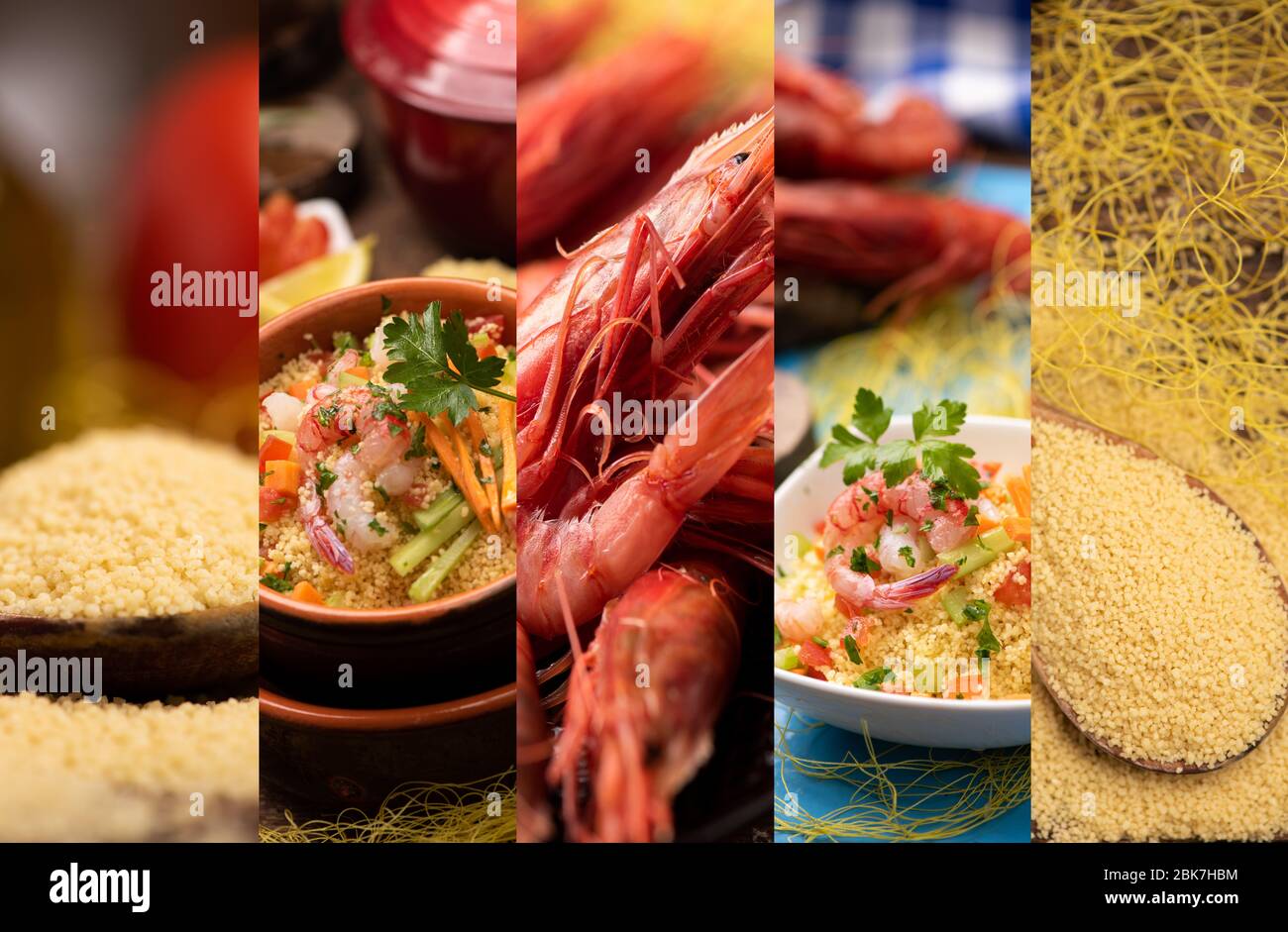 Collage of couscous fish with King Prawns close up Stock Photo - Alamy
