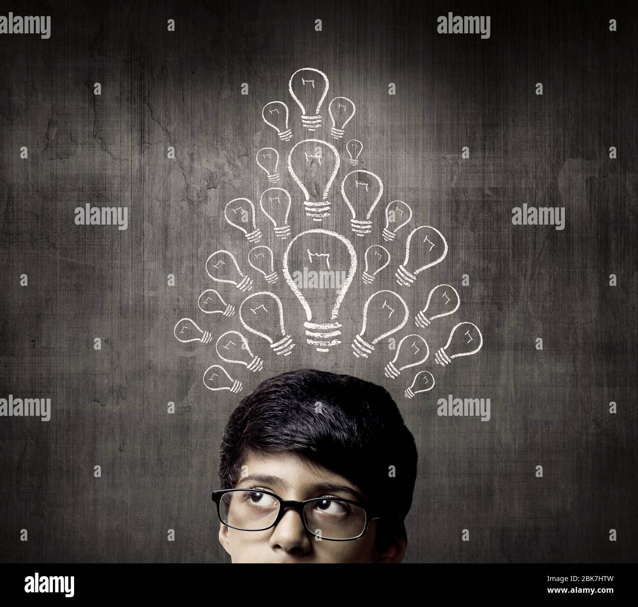 Thinking Half Head Of Genius Little Boy Wearing Glasses, Thinking ...