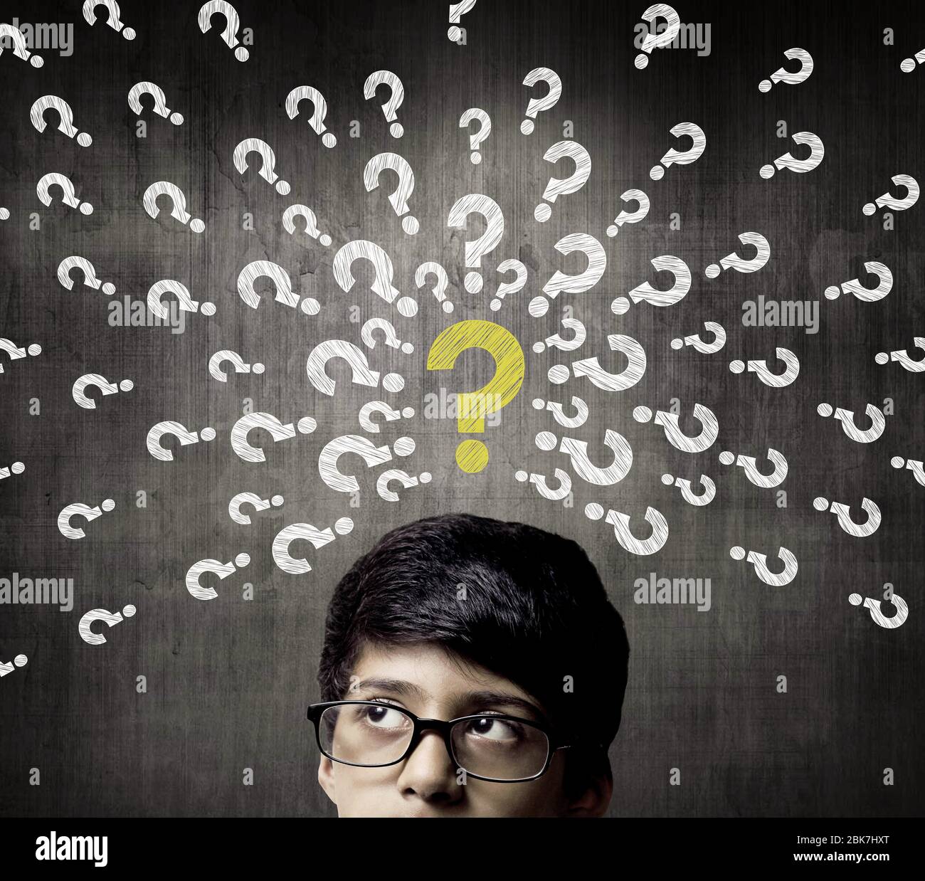 Thinking Half Head Of Genius Little Boy Wearing Glasses, Thinking ...