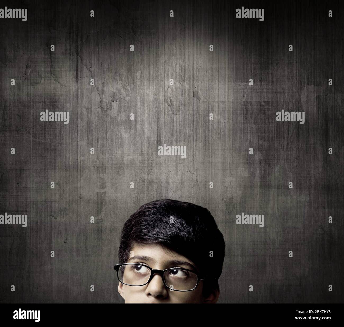 Thinking Half Head Of Genius Little Boy Wearing Glasses, Thinking ...