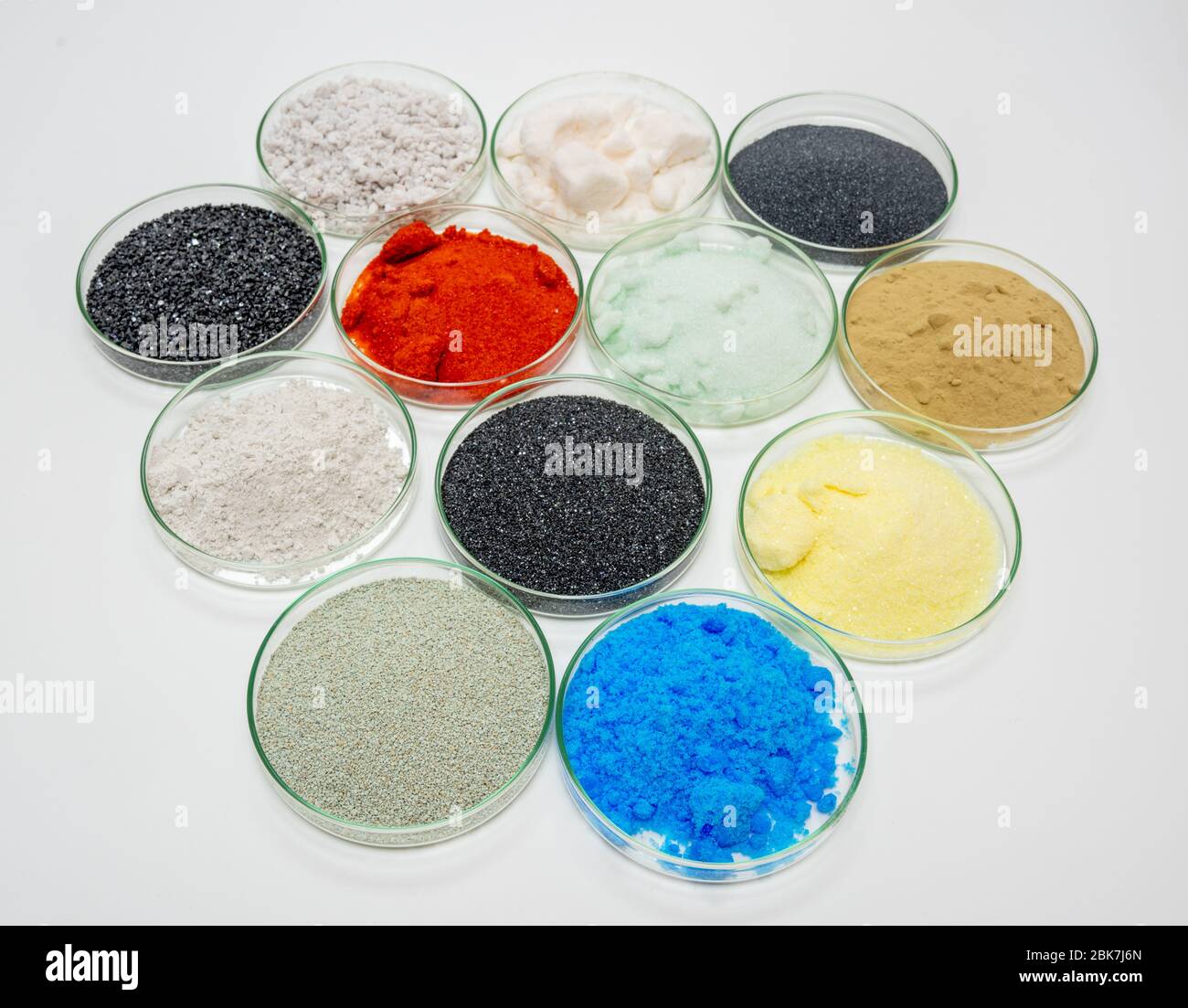 Examples of dry bulk chemical elements in petri dishes on a white ...