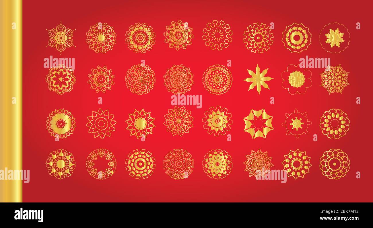 Golden vector traditional snowflakes on red background Stock Vector ...
