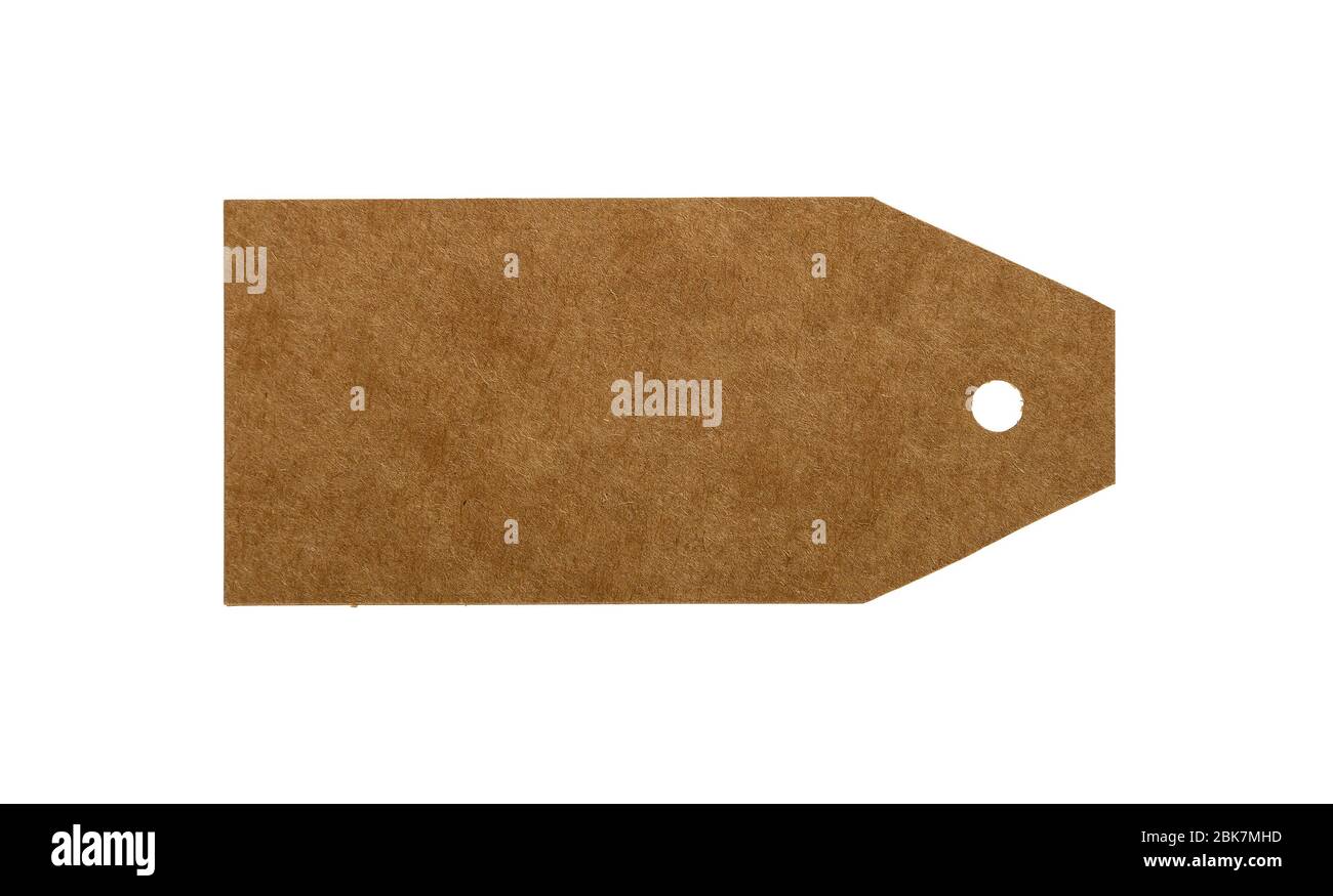 Close up one blank brown paper label or price tag isolated on white ...